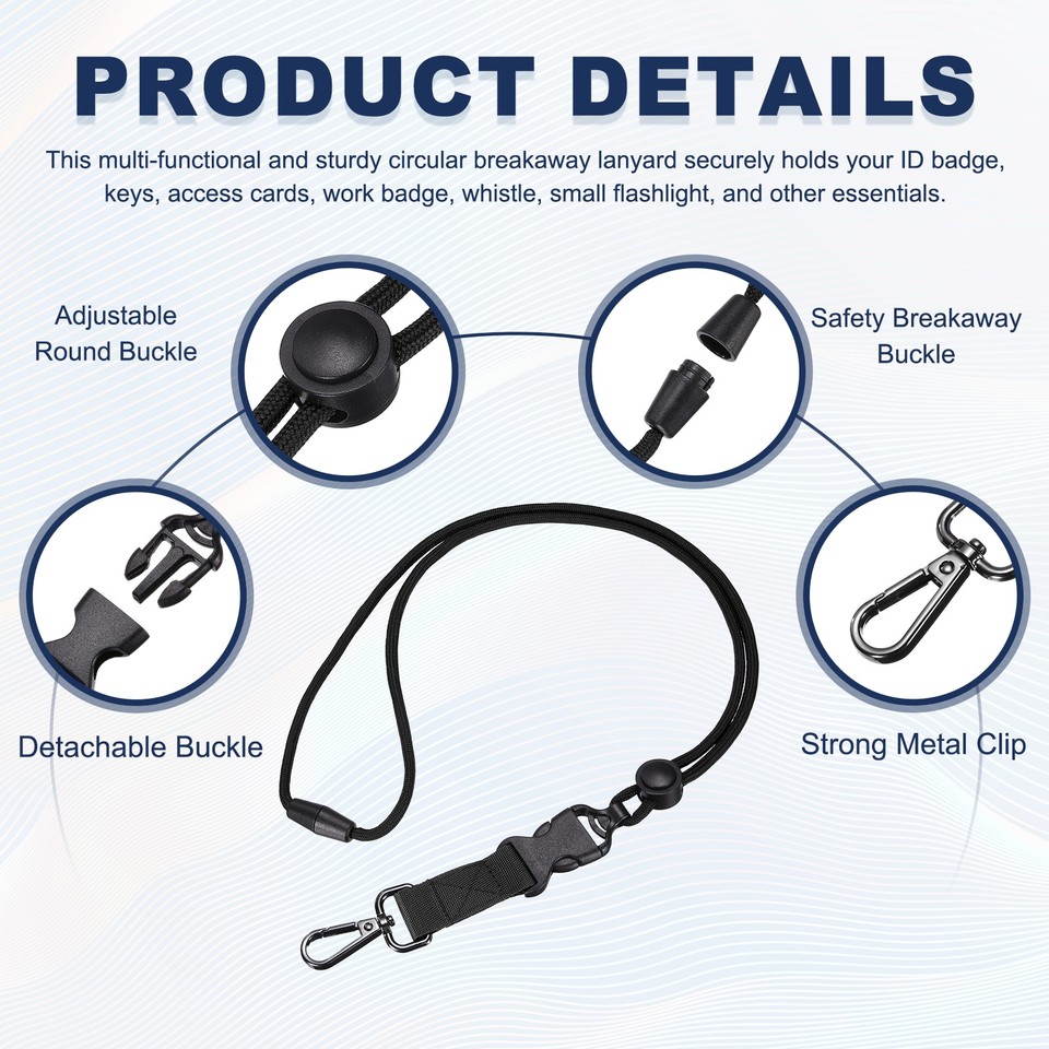 2Pcs Breakaway Lanyard for ID Badges, Round Cord Key Lanyard, Black | eBay