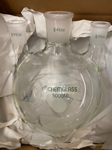 Chemglass, 5,000mL, Three Neck, Heavy wall Round bottom reaction flask ...
