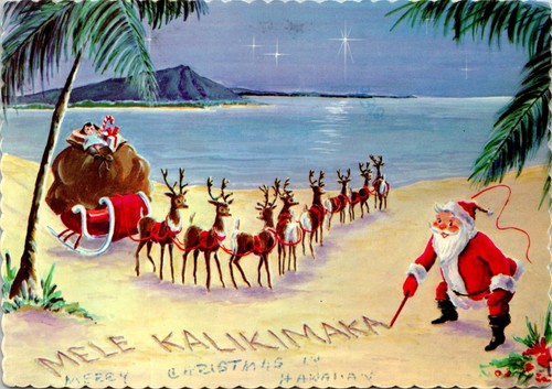6x4" Postcard Hawaii - Mele Kalikimaka - Santa & Reindeer on Beach ...