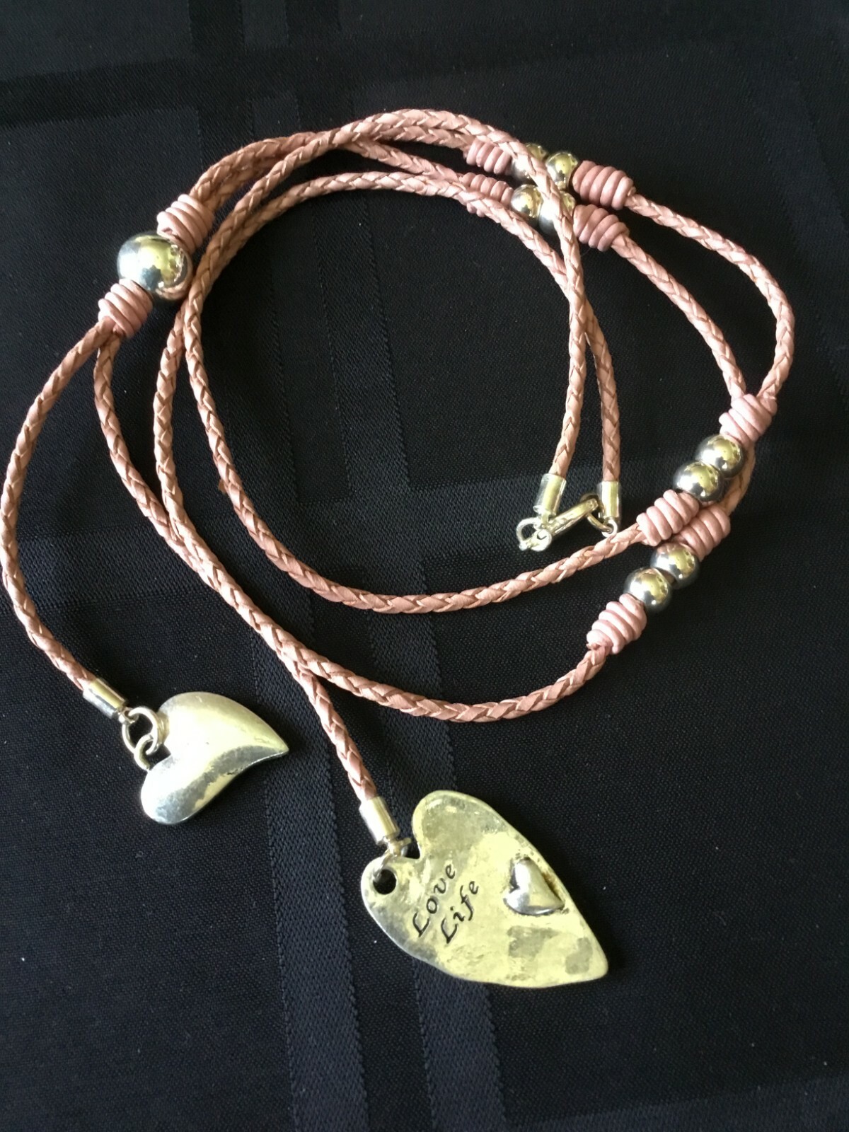 DiDDi Love Life Necklace Silver Tone Heart Pendants Mauve Tone Leather ...