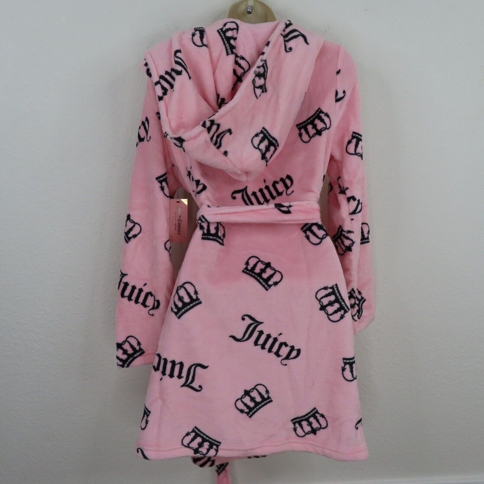 Juicy Couture Womens S/M Pink Black Logo Crown Hooded Knee Length Robe ...