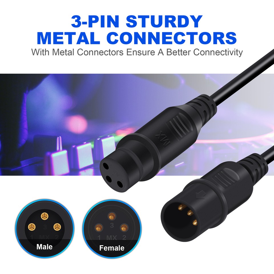 12 Pack DMX Cables 10ft Signal XLR Connection 3 Pin Stage Par Light ...