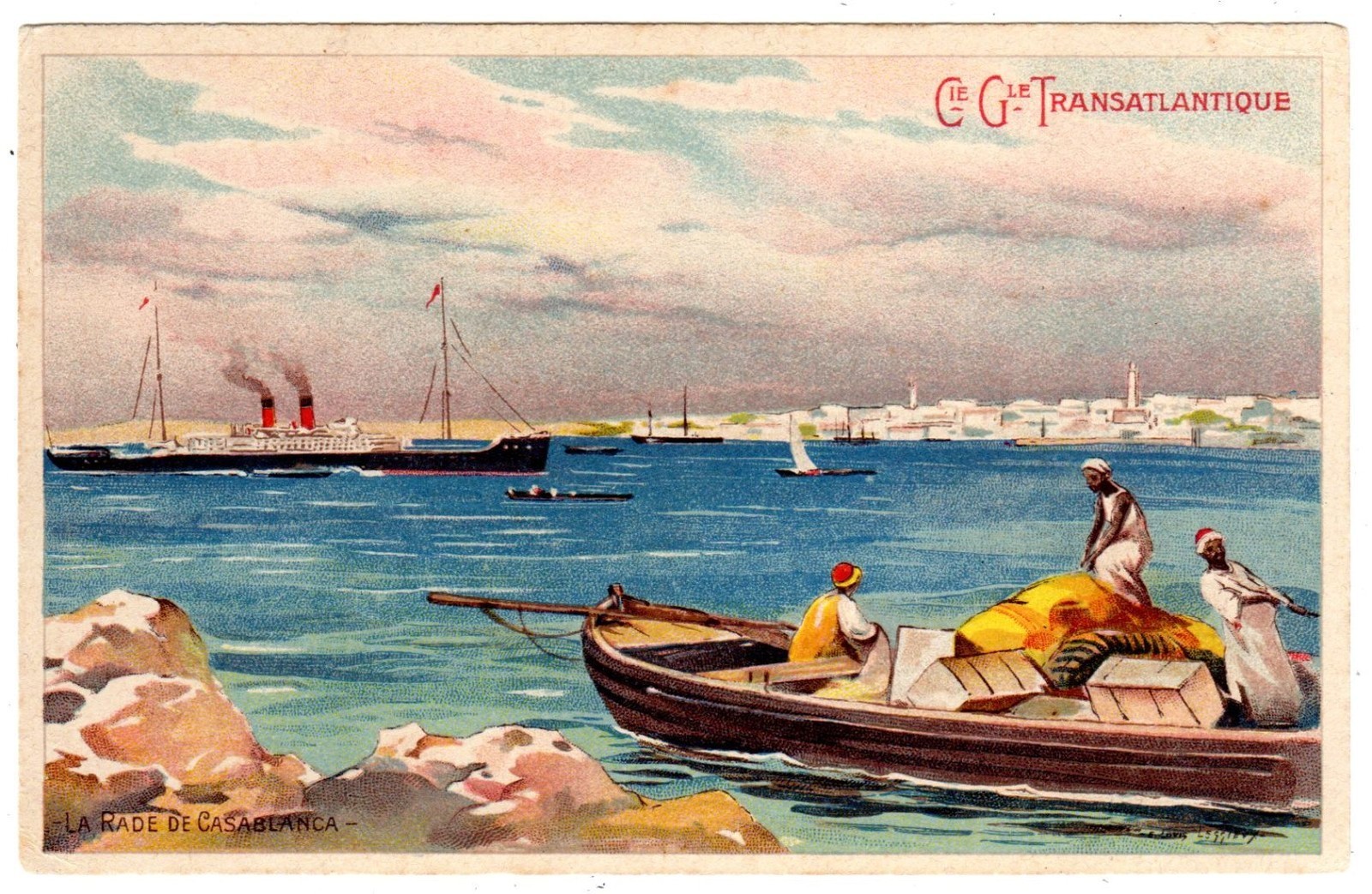 POSTCARD FRENCH CGT SHIPPING SIGNED LESSIEUX CASABLANCA HARBOR | eBay