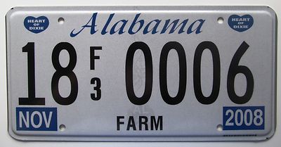 Alabama 2008 FARM License Plate LOW NUMBER - SUPERB QUALITY # 18 F3 ...