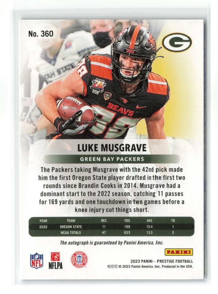 LUKE MUSGRAVE #360 /199 RED SP AUTO RC 2023 PANINI PRESTIGE PACKERS | eBay