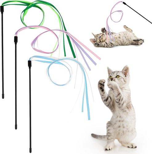 Cat Ribbon Wand Toys, 3Pcs Interactive Rainbow String Teaser for ...