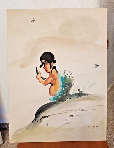 NAVAJO ORIGINAL VINTAGE NATIVE AMERICAN WATER COLOR PAINTING SIGNED ...