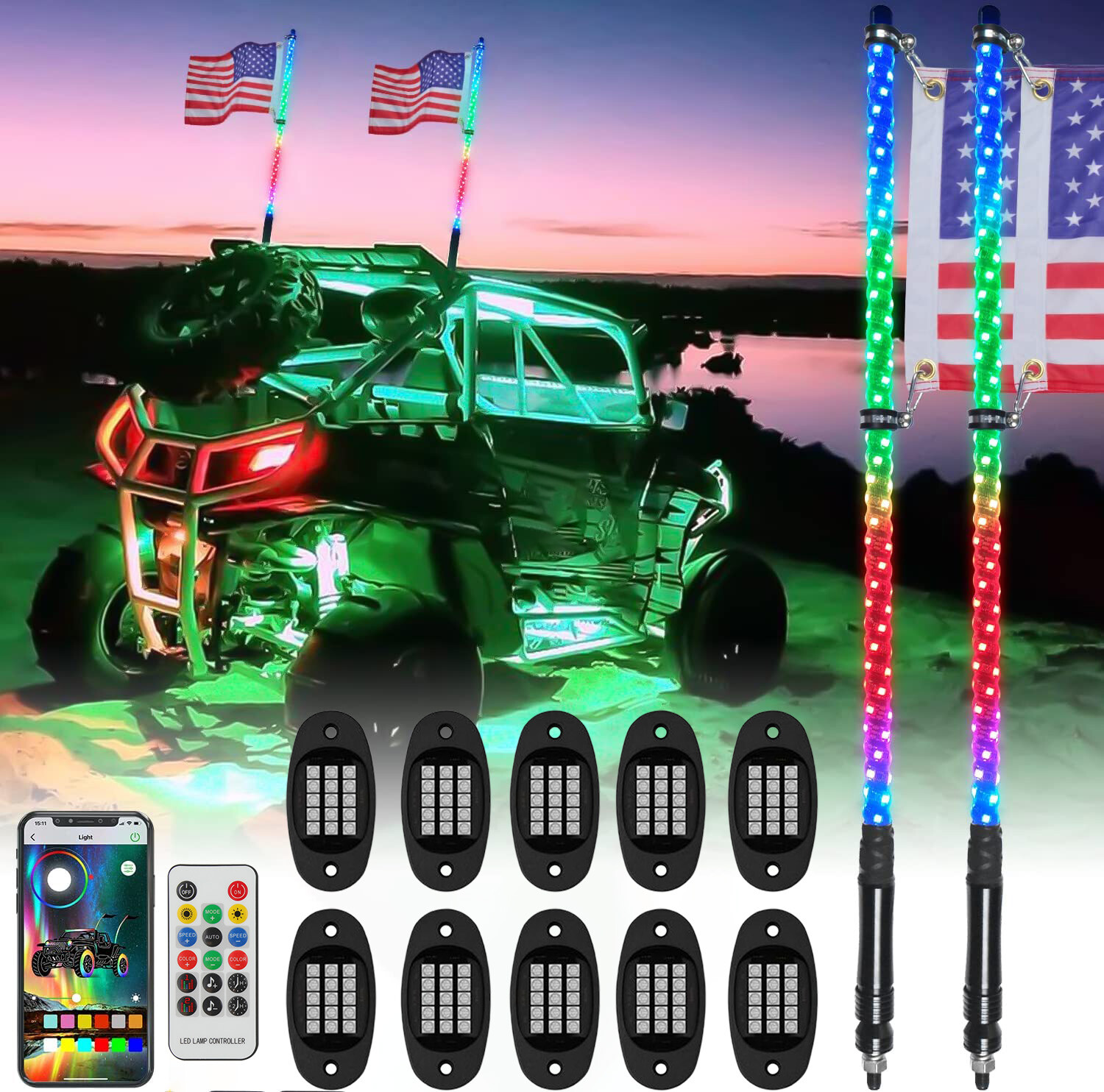 2PC 3ft LED Whip Lights + 10PCS LED Rock Light Underglow Kit For ATV ...