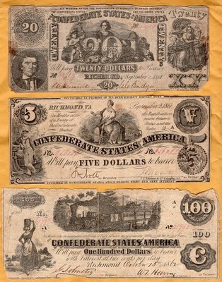 Group lot of three Confederate States Banknotes 1861-1862 better types ...