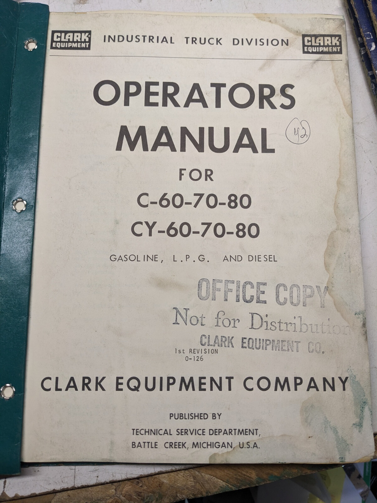 CLARK OPERATORS MANUAL C 60 70 80 CY FORK LIFT TRUCK 1966 SERVICE ...