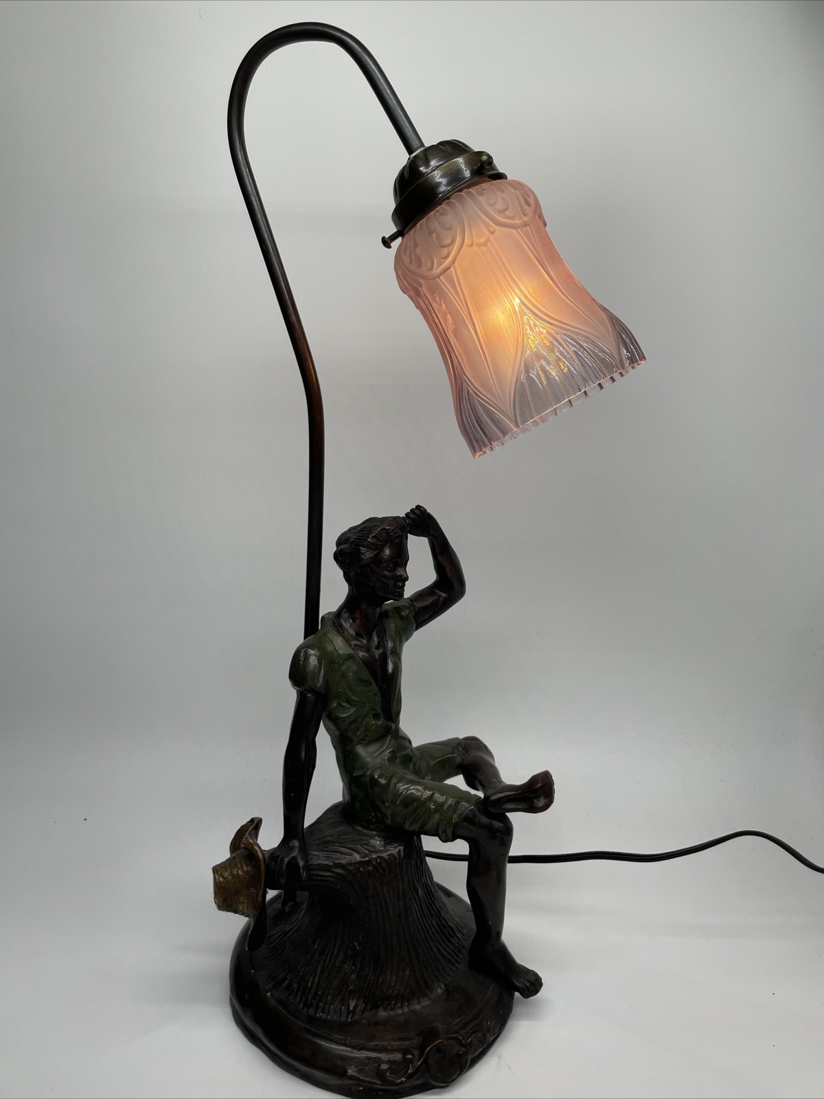 Bronze Statue Lamp Art Nouveau Man Sitting on Stump Glass Antique ...