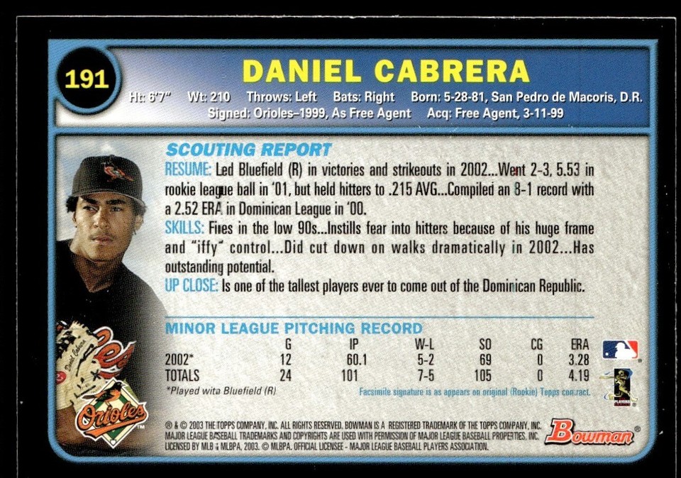 2003 Bowman Daniel Cabrera Baltimore Orioles #191 | eBay