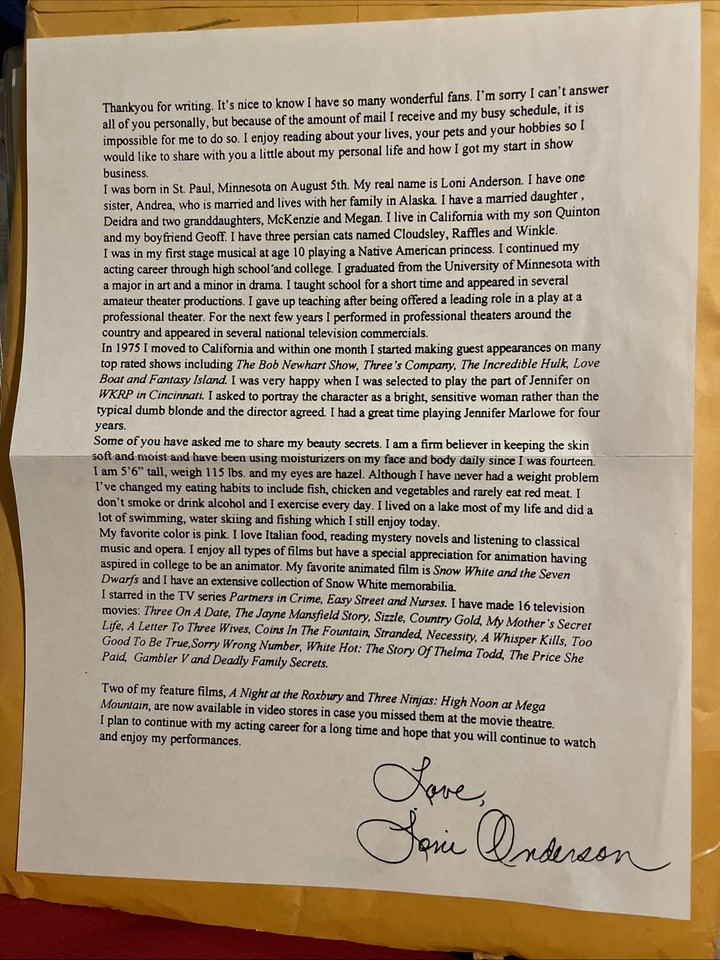 8x10 Photo Hand Signed By Actress Loni Anderson - Comes With Letter To ...