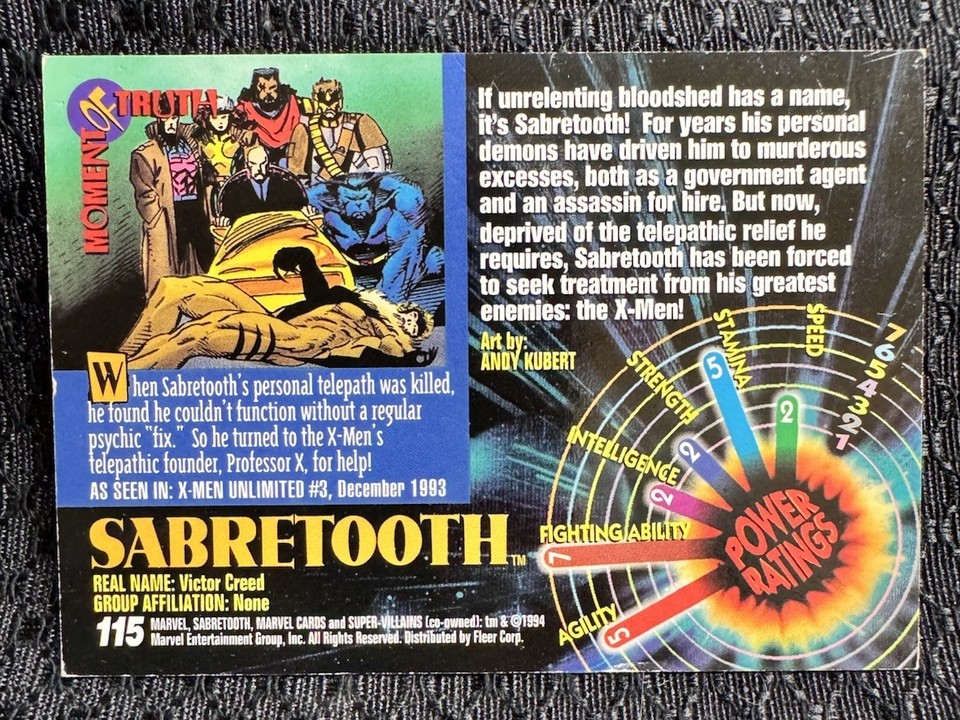 Sabertooth - Super Villains -Marvel Universe - 1994 Fleer Card - #115 ...