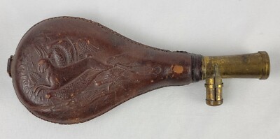 Antique Leather Black Powder Flask Embossed Hare & Pheasant | eBay