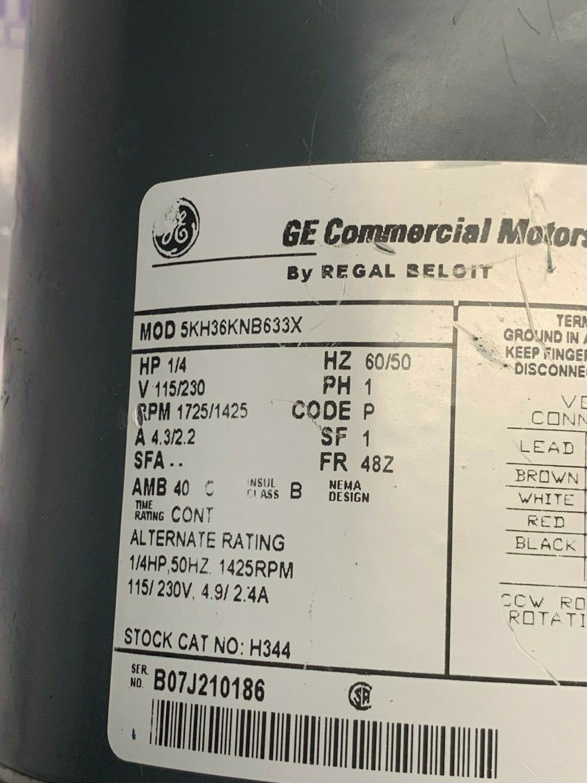 GE Commercial Motors A-C Motor Thermally Protected 5KH3KNB633X HP 1 | eBay