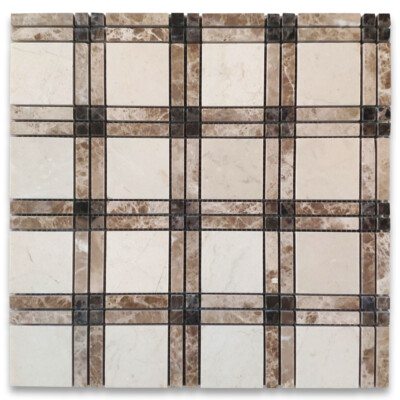 M264XP Crema Marfil Marble Plaid Tartan Mosaic Tile Emperador Dark ...