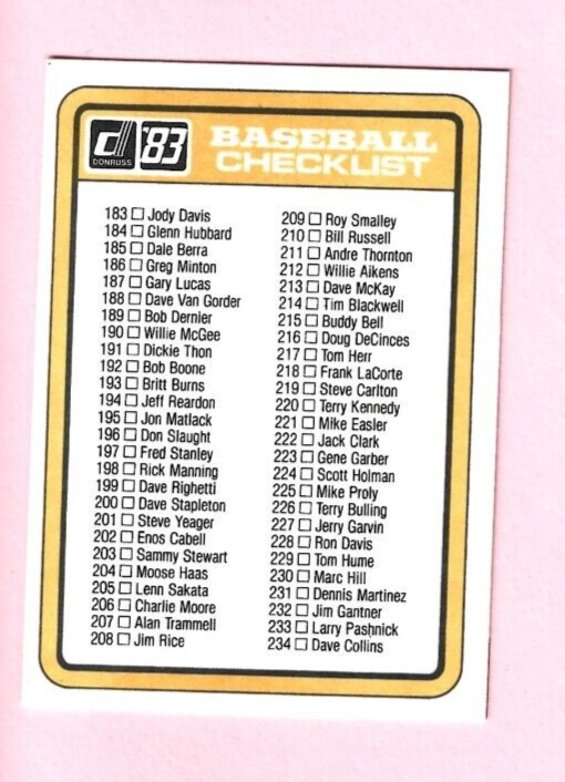 1983 DONRUSS BASEBALL CHECKLIST 131-234 | eBay