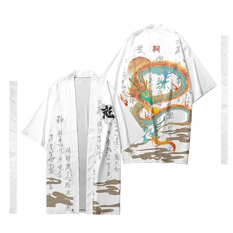 Mens Top Kimono Coat Jacket Cardigan Open Front Yukata Dragon Bathrobe ...