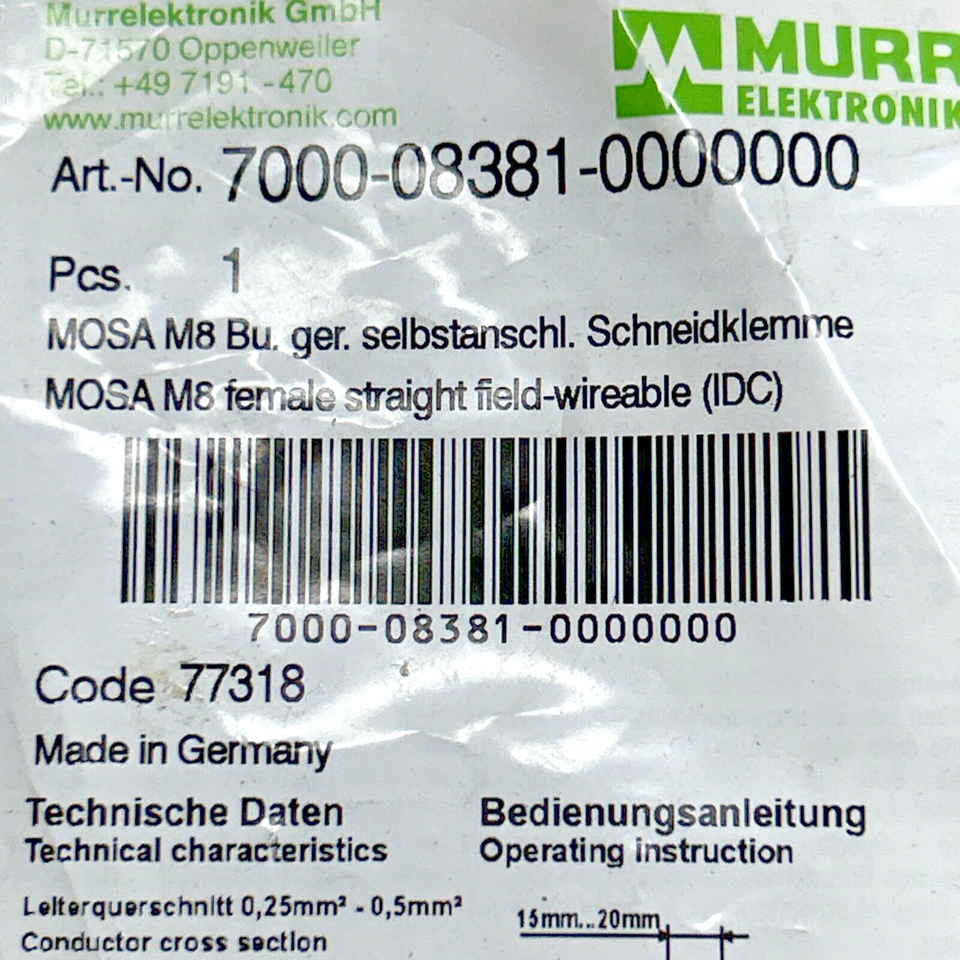 MURR 7000-08381-0000000 Field-wireable Connector, M8 nut 4-pin female ...