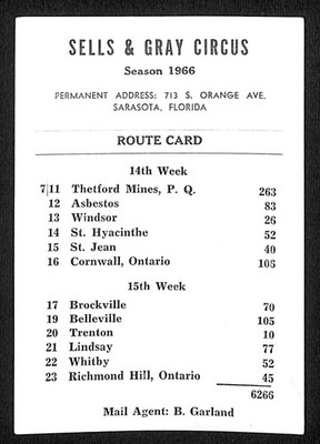 Sells & Gray Circus 1966 Route Card Historical Memorabilia Collectible ...