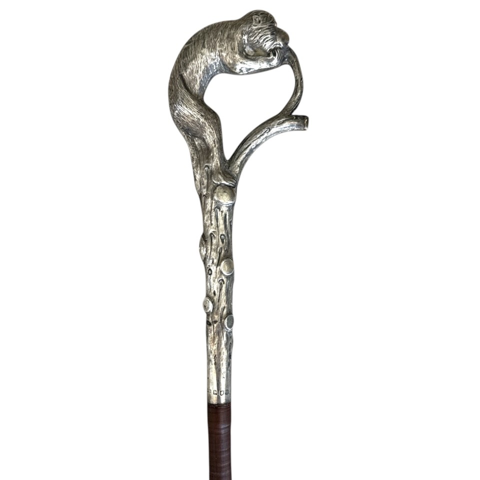 Antique London England Hallmarked Sterling Silver Monkey Handle Walking ...