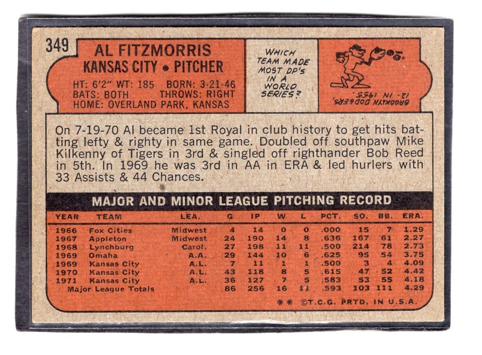 1961 AL FITZMORRIS - Topps Baseball Card # 349 - Kansas City Royals ...