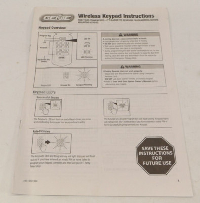 GENIE WIRELESS KEYLESS ENTRY Instruction Only | eBay