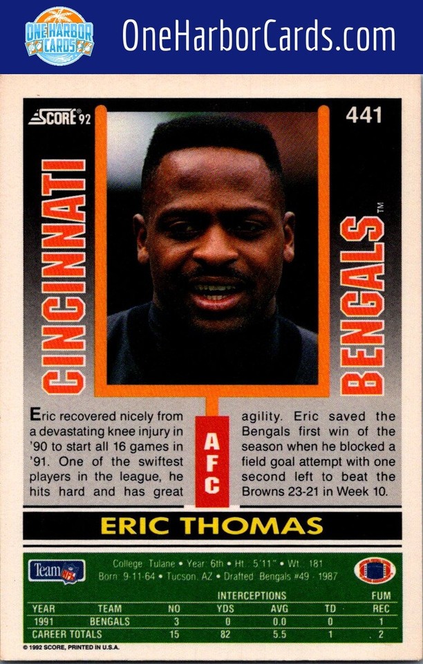 1992 Score Cincinnati Bengals #441 Eric Thomas | eBay