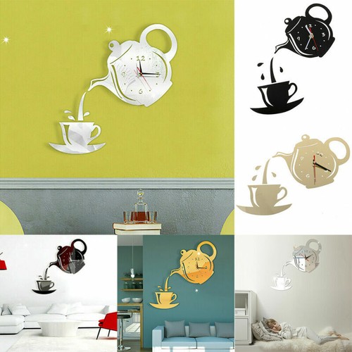 3D DIY Coffee Cup Teapot Wall Clock Home Kitchen Decor Sticker Clocks ...