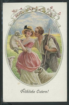 AUSTRIA Vienna LITHO PC c20 HAPPY EASTER Shepherdess & Shepherd LAMB by ...