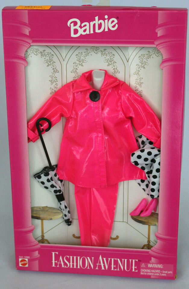 Barbie Hot Pink Rain Coat Polka Dot Umbrella Scarf Fashion Avenue 1995 ...