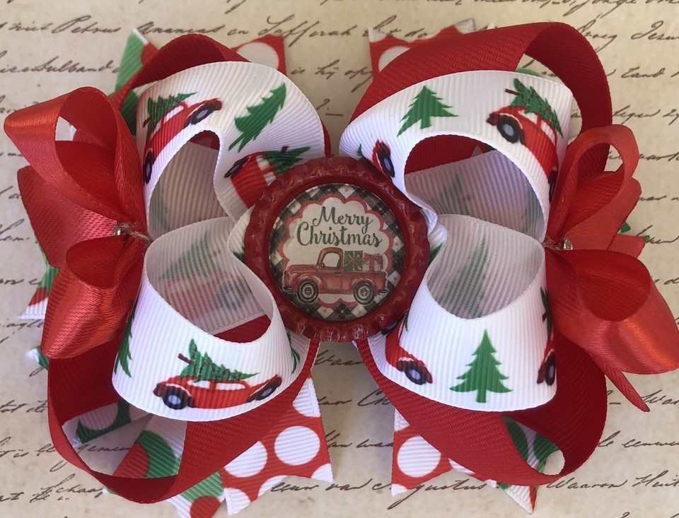 Christmas Red Truck Christmas Tree OTT Large Boutique Girl’s Hair Bow ...