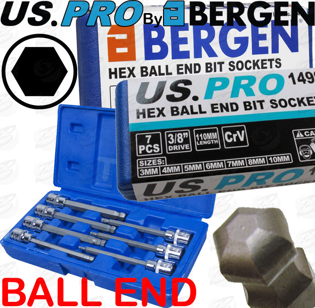 US PRO Extra Long BALL ENDED HEX Key Bit Socket Set 3/8" dr Ball Ended ...
