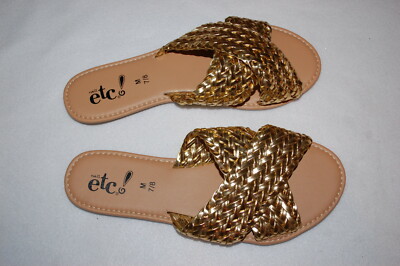 Womens Sandals SHINY GOLD BRAIDED WIDE STRAP SLIDES Criss Cross Strap ...