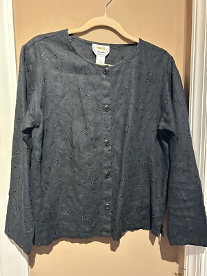 Talbots Irish Linen Black Eyelet Button Front Top Black PS Embroidered 42” Bust | eBay