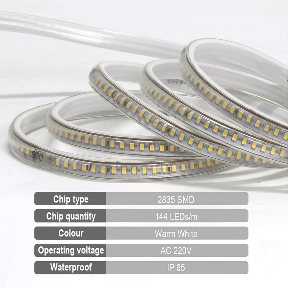 2 m warm white LED strip, 2835 SMD light strip, 144 LEDs/m, very bright ...