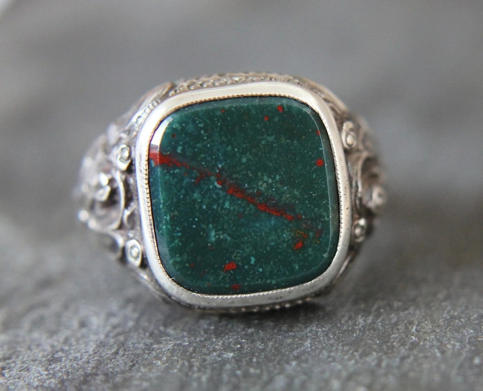 Vintage Gold Bloodstone Sterling Silver Ring Handmade Men's Ring Silver ...