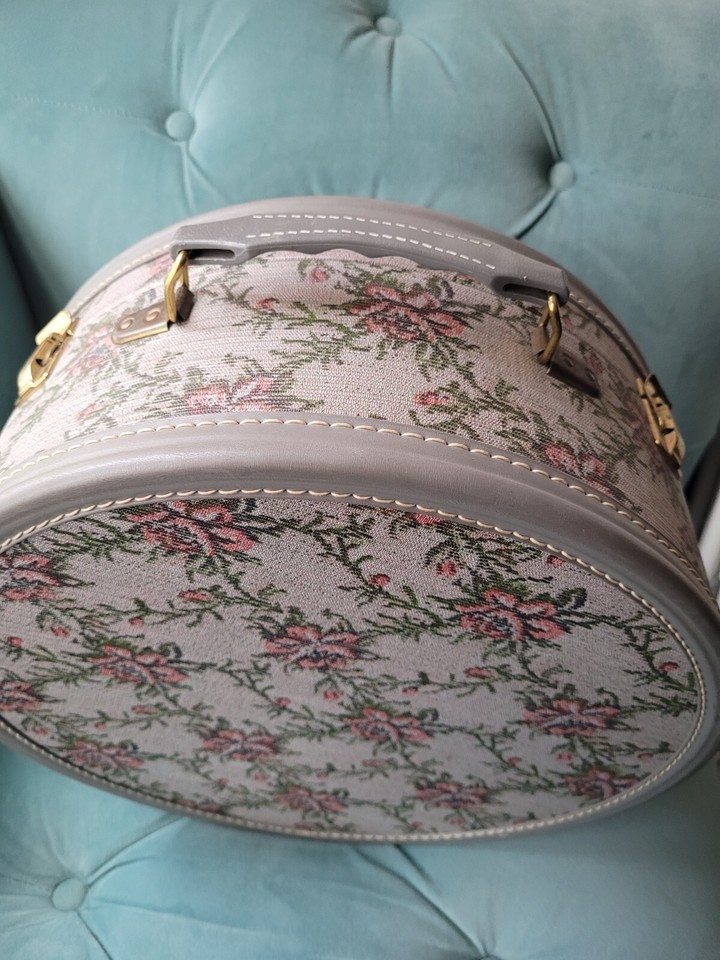Vintage Round 14.5" Glam Suitcase Gray w Roses & Pink Interior Luggage ...