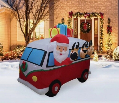 SANTA Holiday Time Inflatable Vintage Holiday Bus VAN 7’ wide CHRISTMAS ...