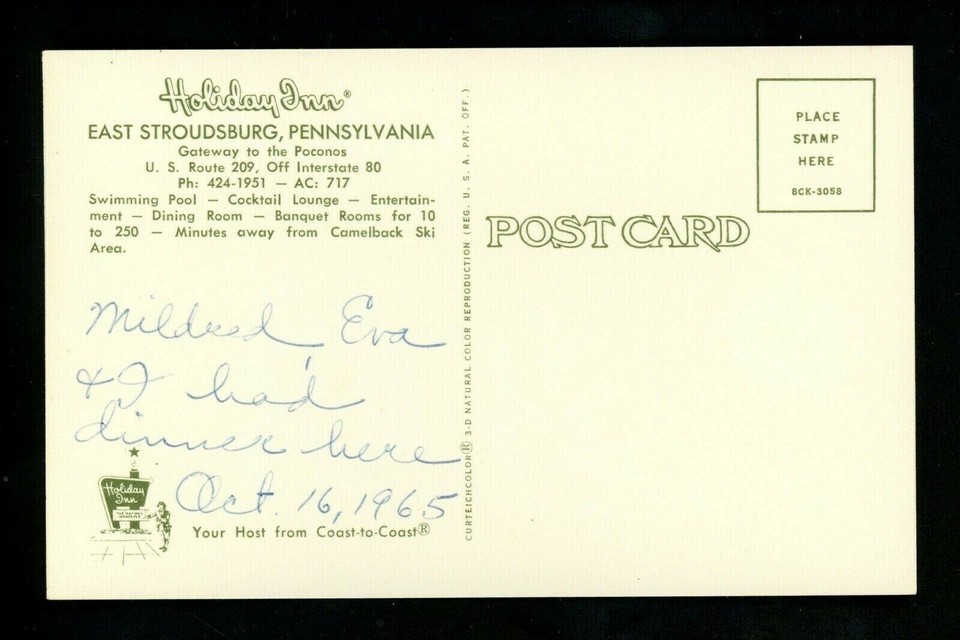 Holiday Inn Motel Hotel Postcard Pennsylvania PA East Stroudsburg Type ...