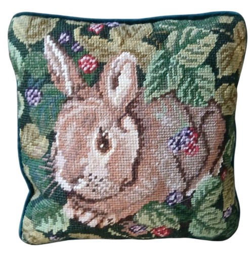 VTG Small Needlepoint Bunny Rabbit Throw Pillow Wool Green Velvet 10x10 ...