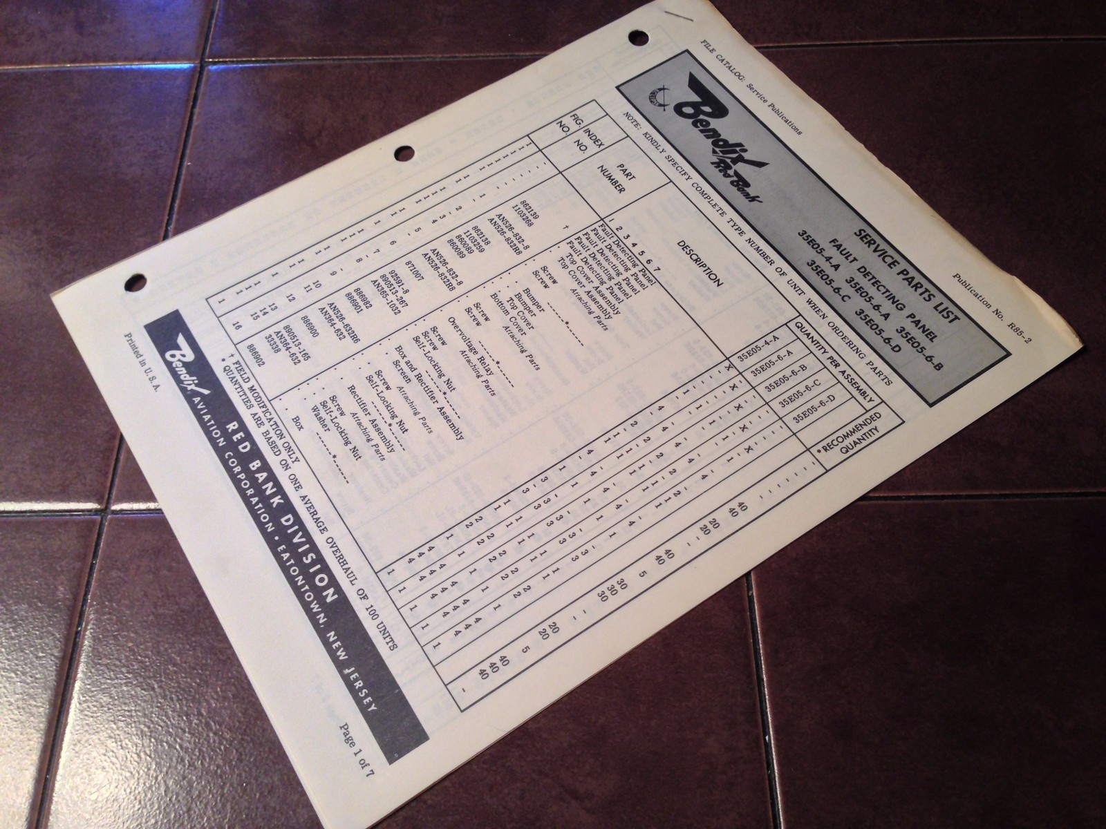Bendix Panel 35E05-4-A, 35E05-6-A, 35E05-6-B, 35E05-6-C, 3505-6-D Parts ...