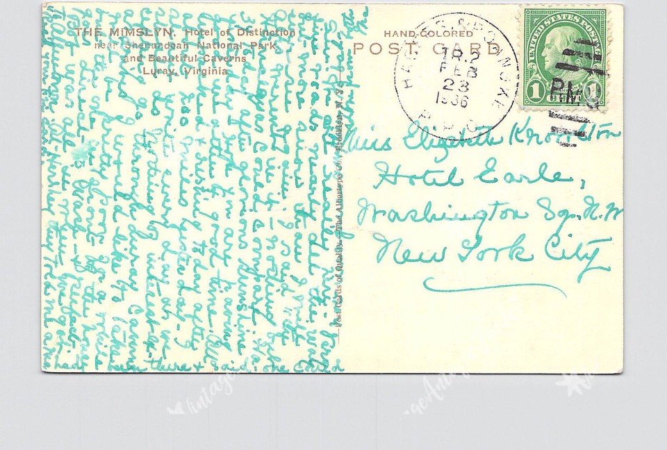 PPC Postcard VA Virginia Luray The Mimslyn Hotel Albertype Hand-Colored ...