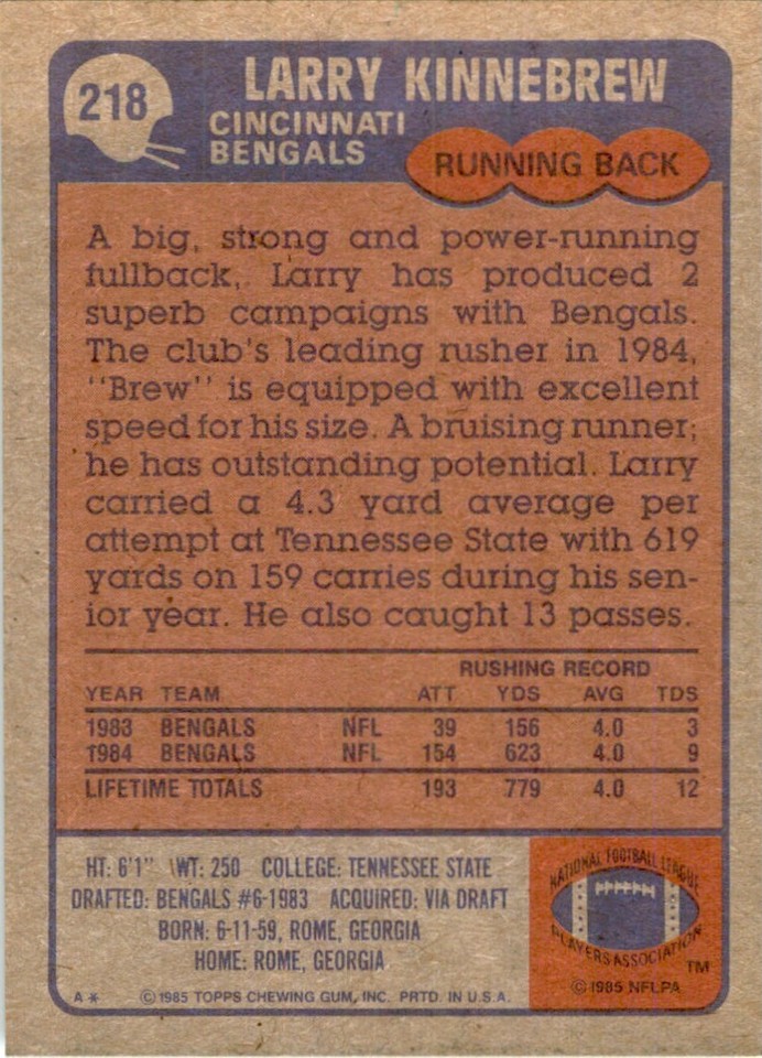 1985 TOPPS! LARRY KINNEBREW CINCINNATI BENGALS #218 | eBay
