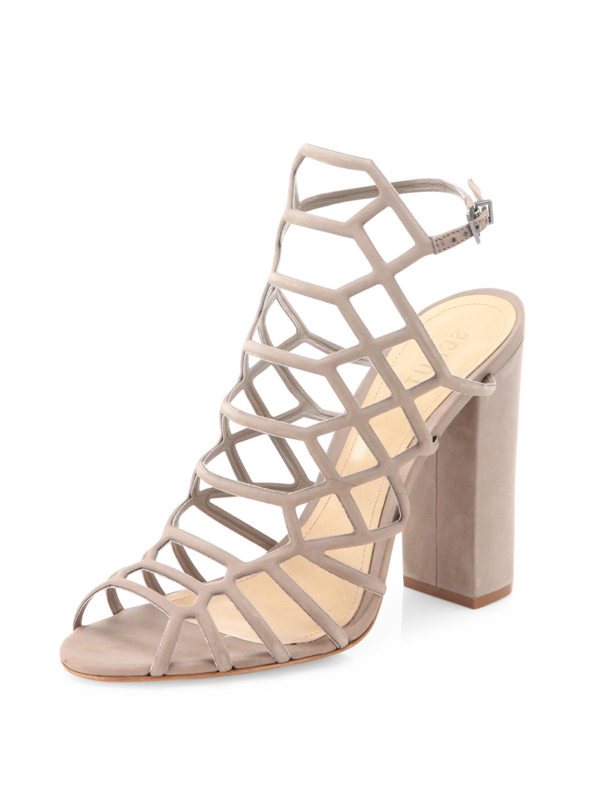 Schutz Jaden Goat Taupe Neutral Cut-out Block Heel Open Toe High Heel ...
