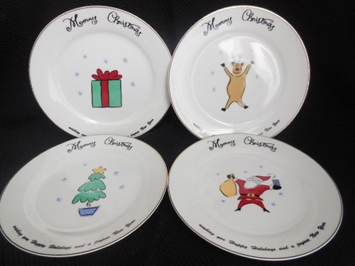 MERRY BRITE Christmas Dessert Plates 7.5 Tree, Santa, Reindeer, Gift ...