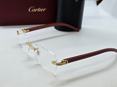 CARTIER New Eyeglasses Rimless Red Wood Gold Burgundy CT0286O-004 56 17 ...