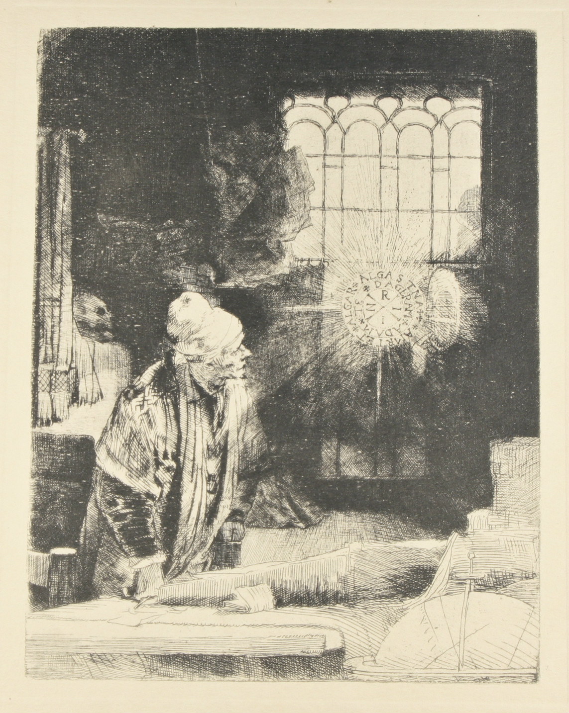 "Faust in His Study" By Rembrandt Restrike Etching on Paper 8 1/2"x6 1/ ...