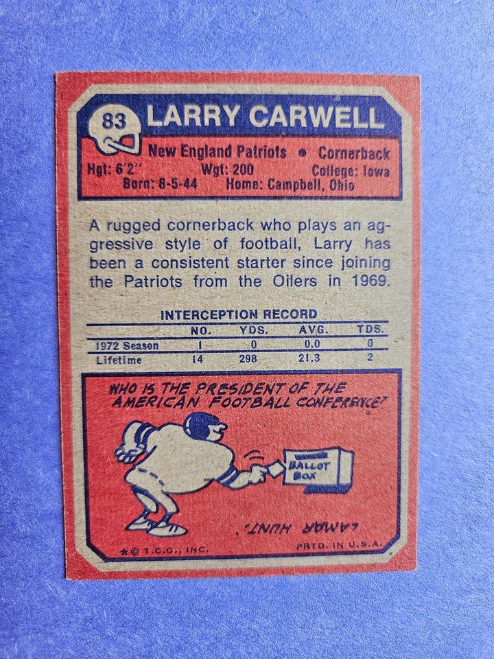 Larry Carwell card #83 Topps Football 1973 New England Patriots | eBay